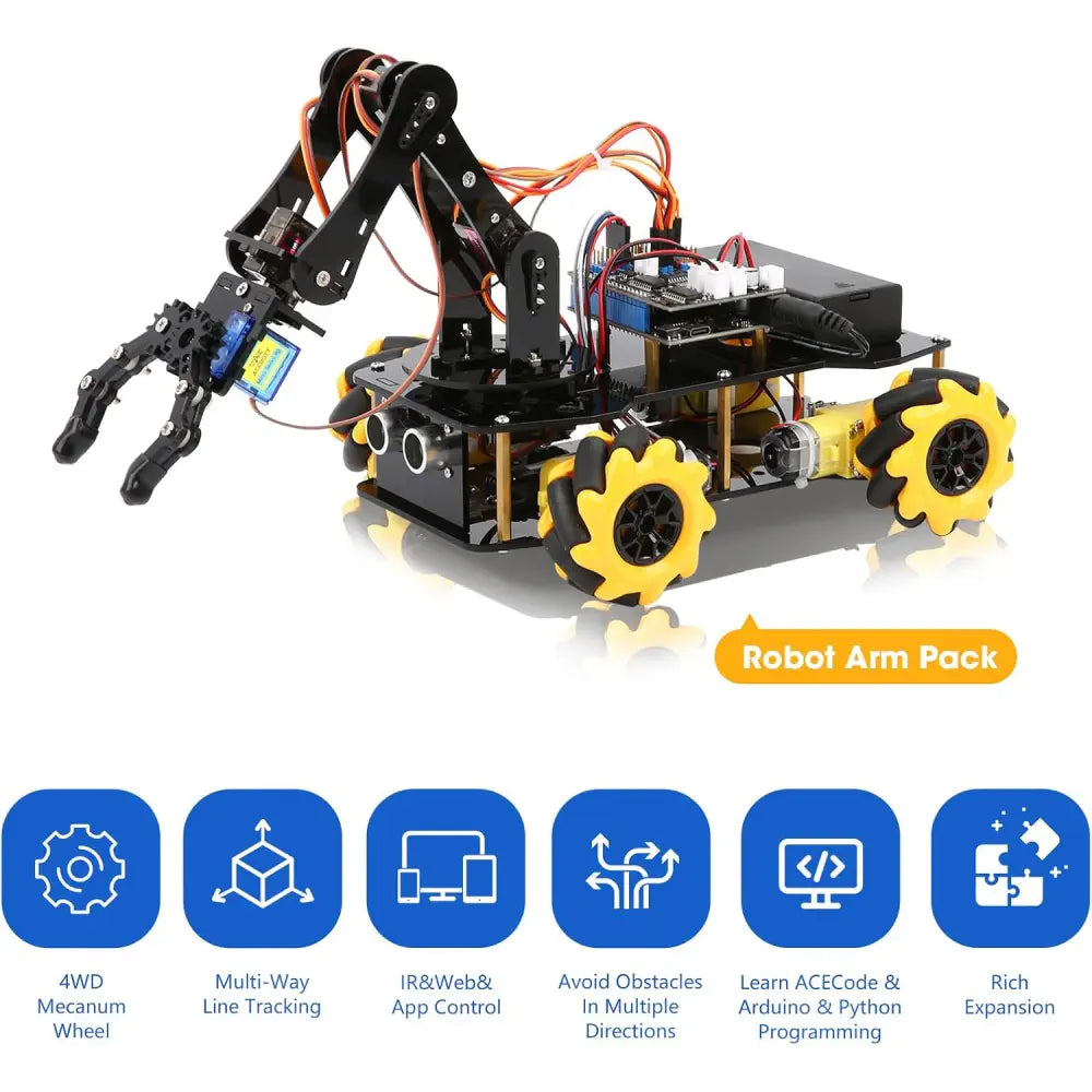 ACEBOTT 5DOF Smart Robot Arm Car Kit, Compatible w/ Arduino/Python/Blockly - RobotShop