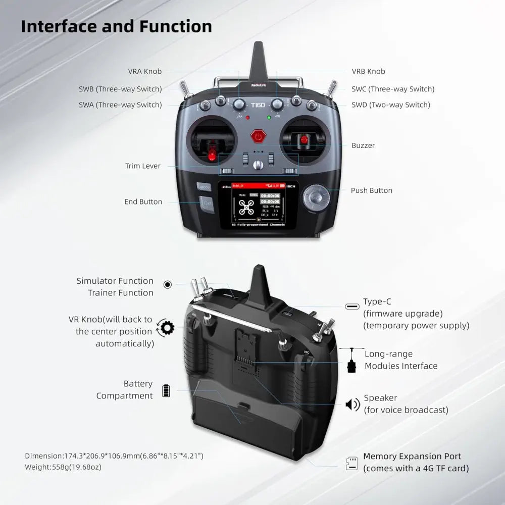RadioLink T16D 16 Channels RC Transmitter 2.4GHz w/ R16F Receiver ...