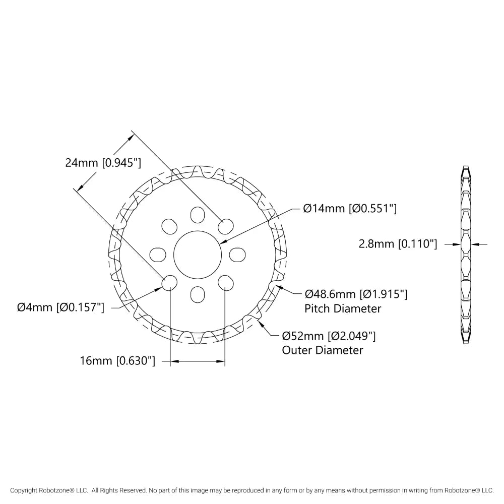 Servocity 25 Pitch Hub Mount Sprocket 14mm Bore 24 Tooth Robotshop