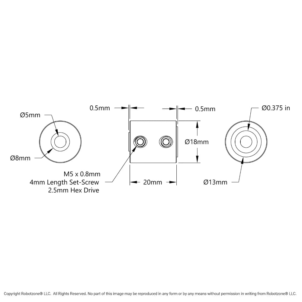 ServoCity Set-Screw Shaft Coupler (5mm Round Bore to 3/8" Round Bore ...