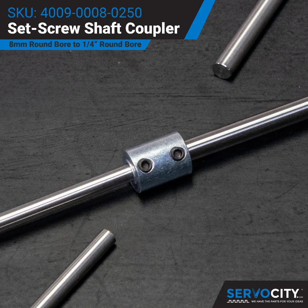 ServoCity Set-Screw Shaft Coupler (8mm Round Bore to 1/4" Round Bore ...