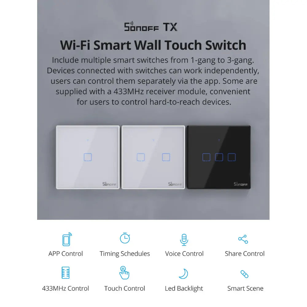SONOFF TX Series WiFi Wall Switch (T1, EU, 2 Gang, White) - RobotShop